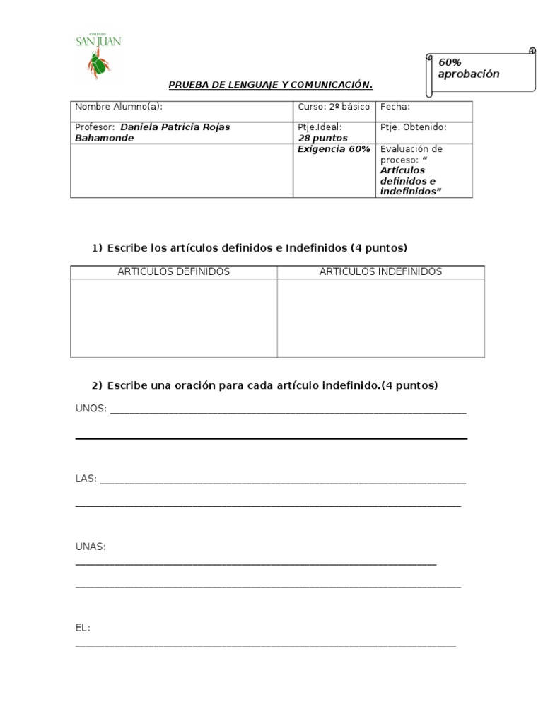 Prueba de Artículos Definidos e Indefinidos | PDF