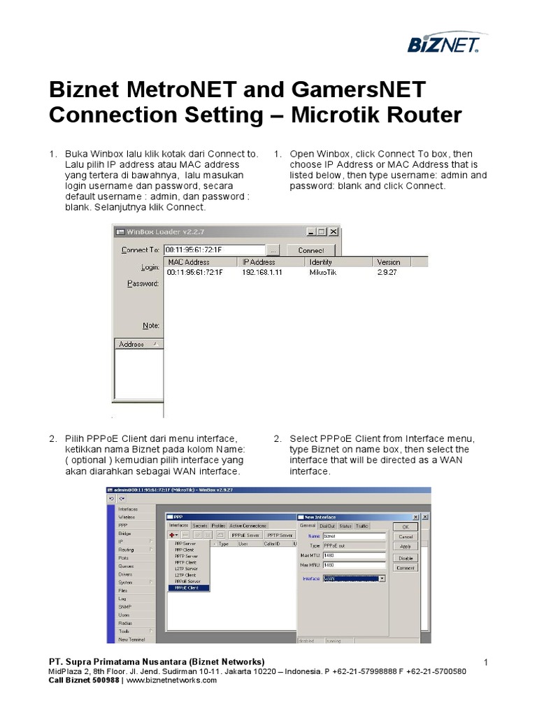 Biznet MetroNET and GamersNET Connection Setting Microtik Router | PDF ...