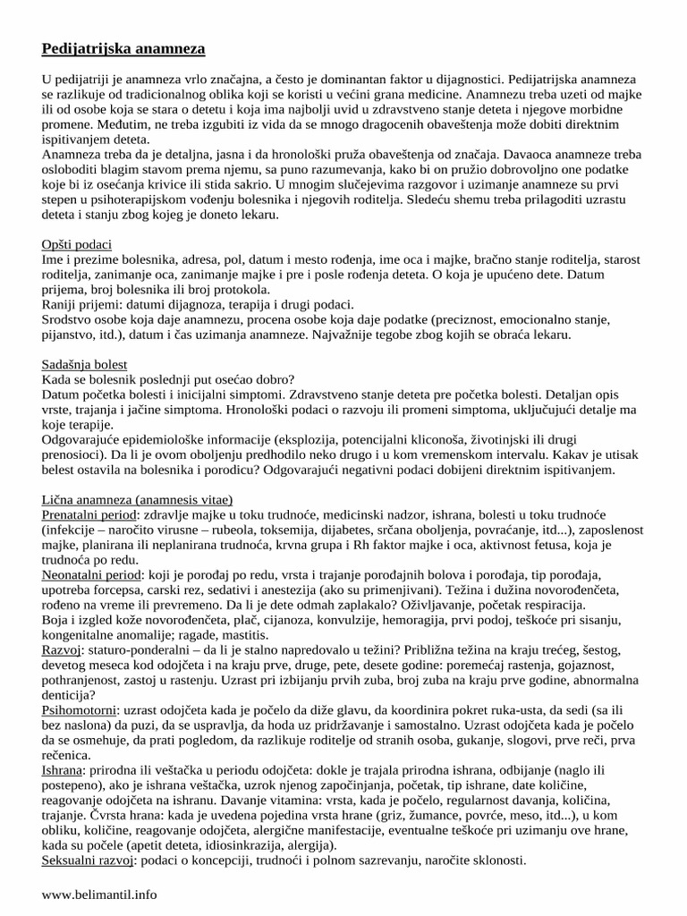 Pedijatrijska Anamneza I Status PDF | PDF