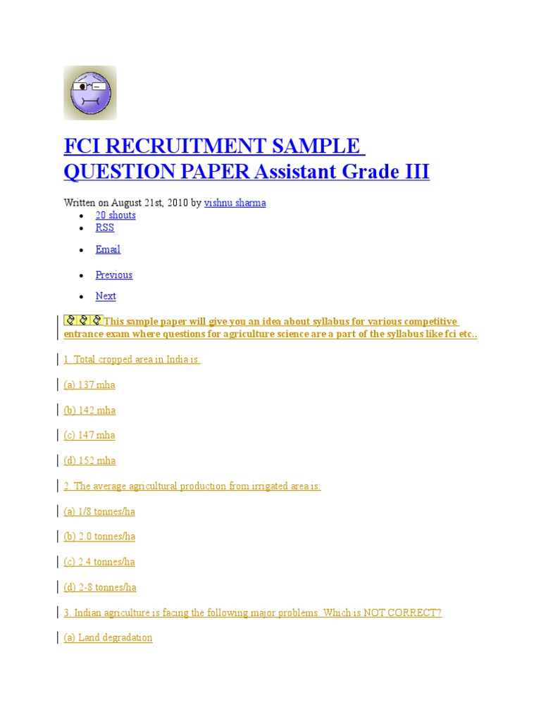 Fci Recruitment Sample QUESTION PAPER Assistant Grade III: Vishnu ...