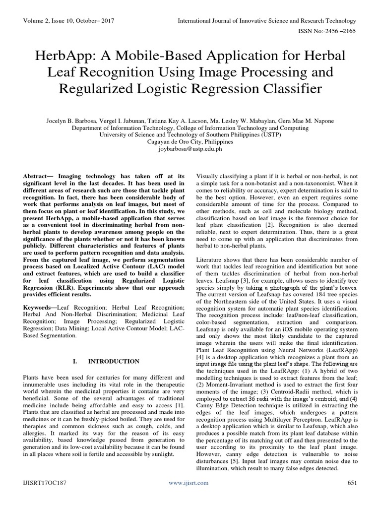 Herbapp A Mobile Based Application For Herbal Leaf Recognition Using ...