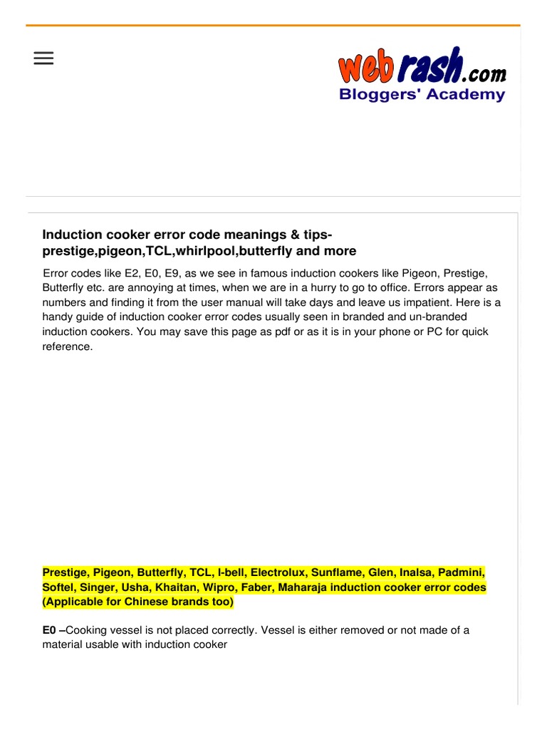 Induction Cooker Error Code Meanings Tips Prestige | PDF | Blog | You Tube