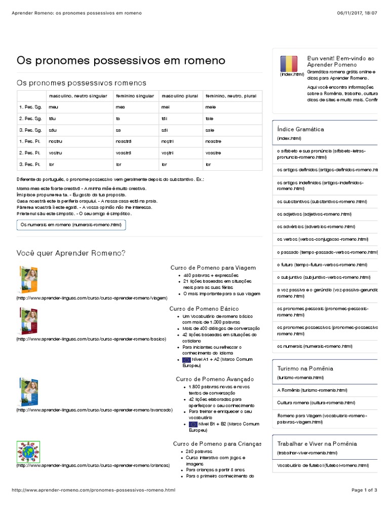 13. Romeno – Os Pronomes Possessivos Em Romeno | Pronome | Gramática
