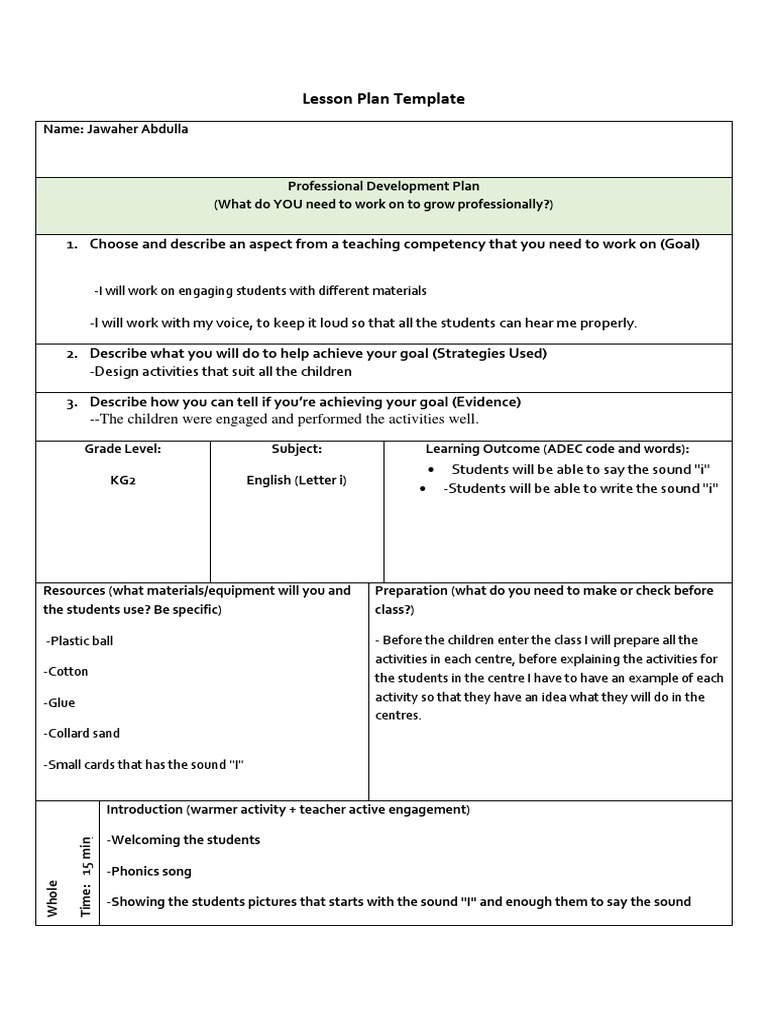 Lesson Plan Template Letter I | PDF | Lesson Plan | Applied Psychology