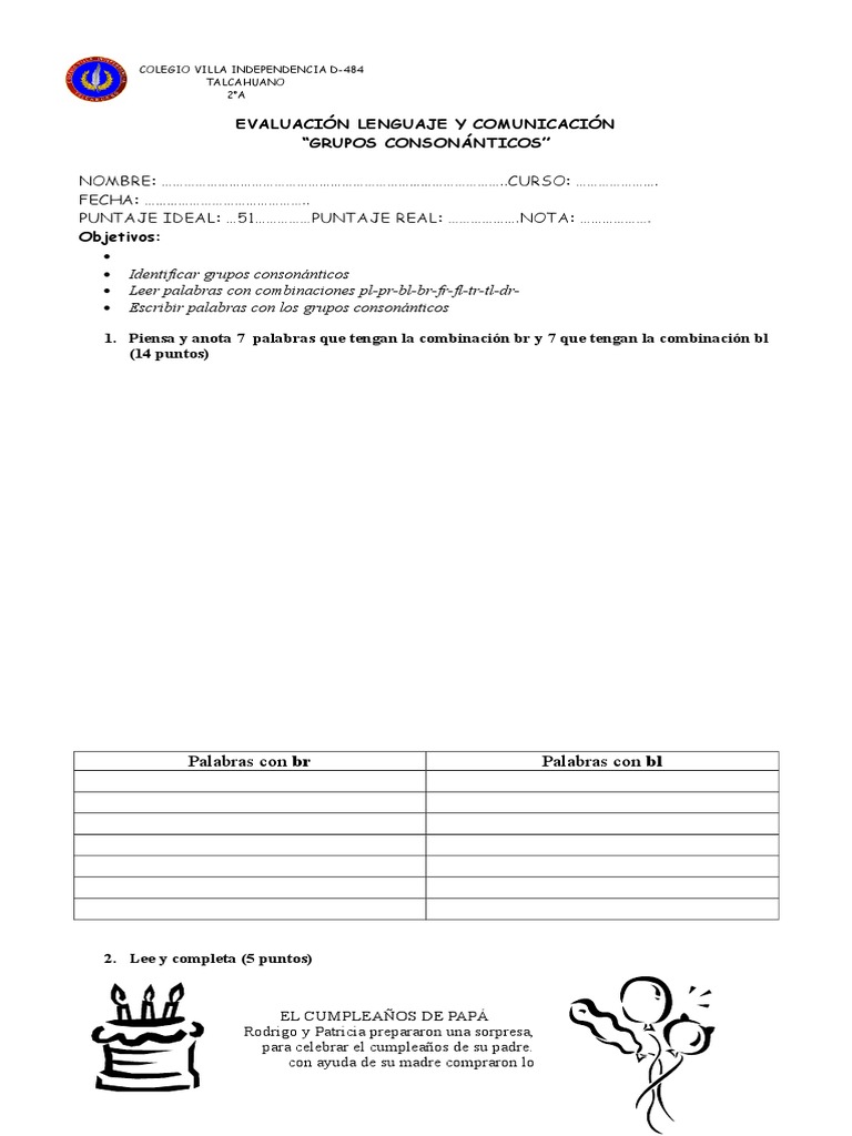 EVALUACIÓN Grupos Consonánticos | PDF | Ocio