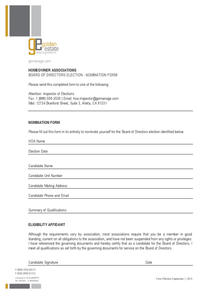 HOA Board Election Nomination Form | PDF | Government | Business