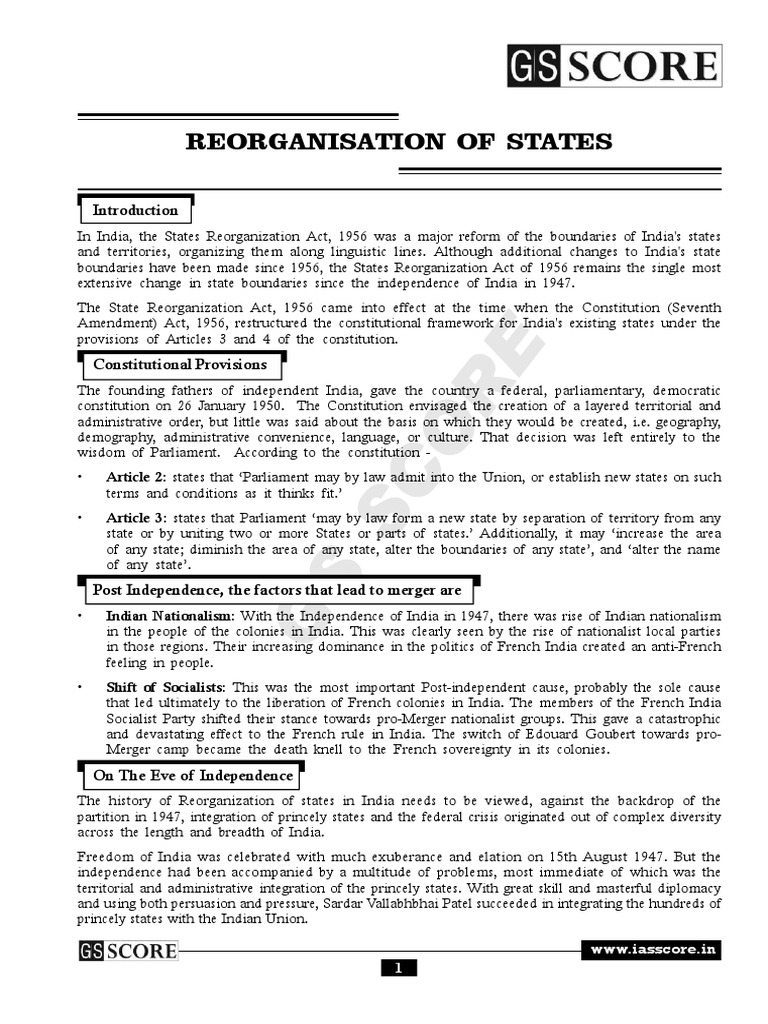Reorganization of States Act 1956 | PDF | India–Pakistan Relations ...