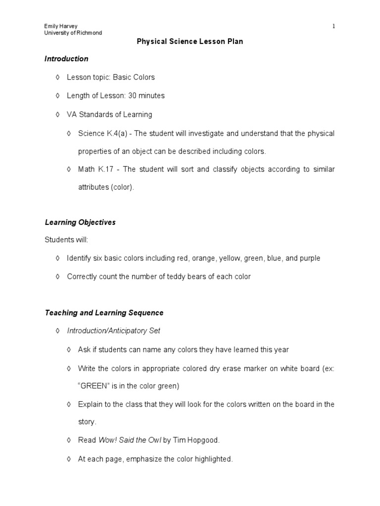 Physical Science K Lesson Plan | PDF | Color | Vocabulary