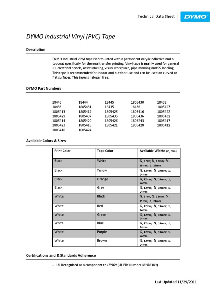 DYMO Industrial Vinyl Tape Technical Data Sheet | PDF | Polyethylene ...