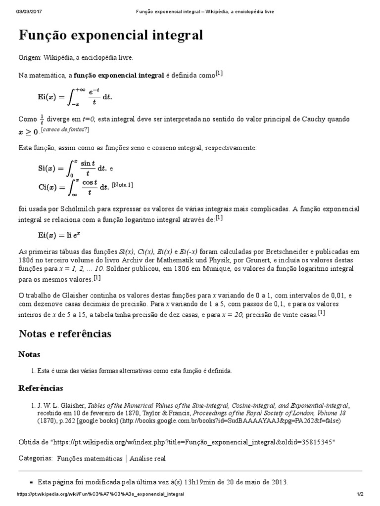 Função Exponencial Integral - Wikipédia, A Enciclopédia Livre | PDF ...