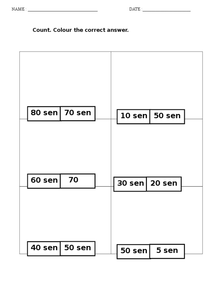 80 Sen 70 Sen 10 Sen 50 Sen: Count. Colour The Correct Answer | PDF