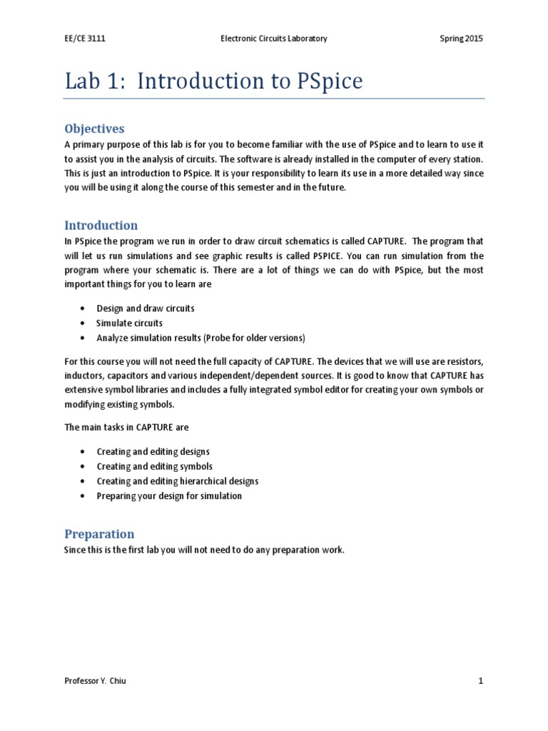 Lab 1: Introduction To Pspice: Objectives | PDF | Electrical Network | Electronic Circuits