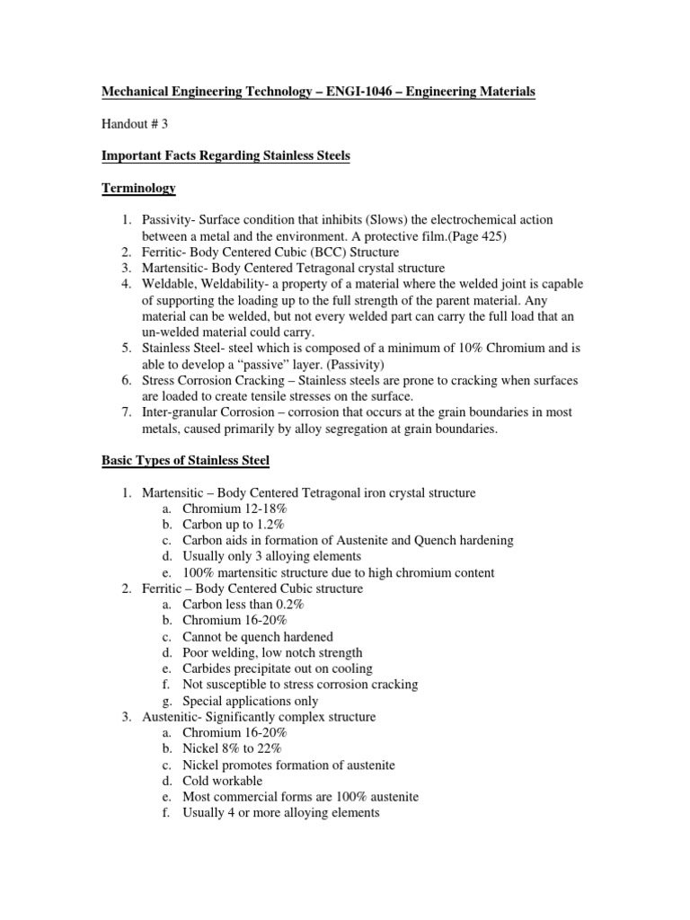 Materials Handout Stainless Steels | PDF | Steel | Stainless Steel