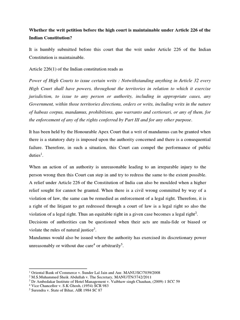 Whether The Writ Petition Before The High Court Is Maintainable Under Article 226 of The Indian ...