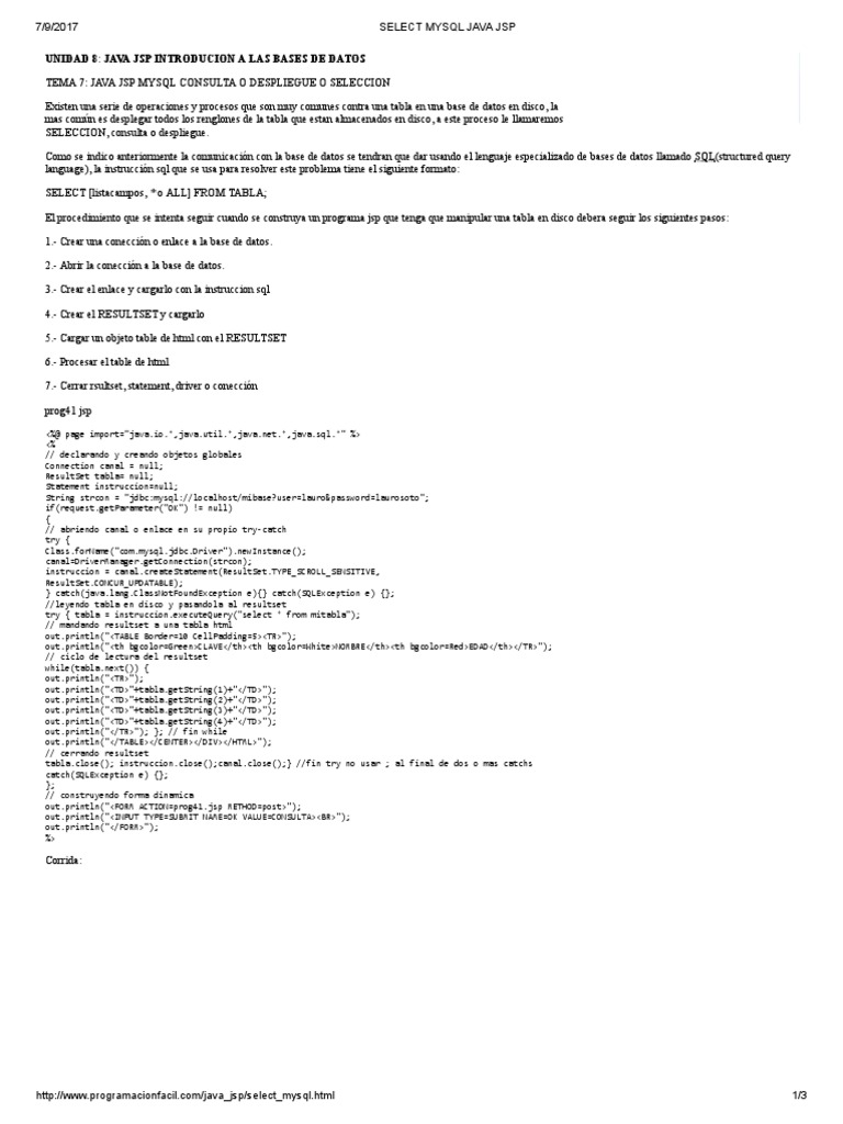 Select Mysql Java JSP | PDF | SQL | Páginas del servidor Java
