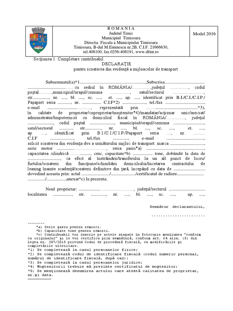 Declaratie Scoatere Mijloace de Transport | PDF
