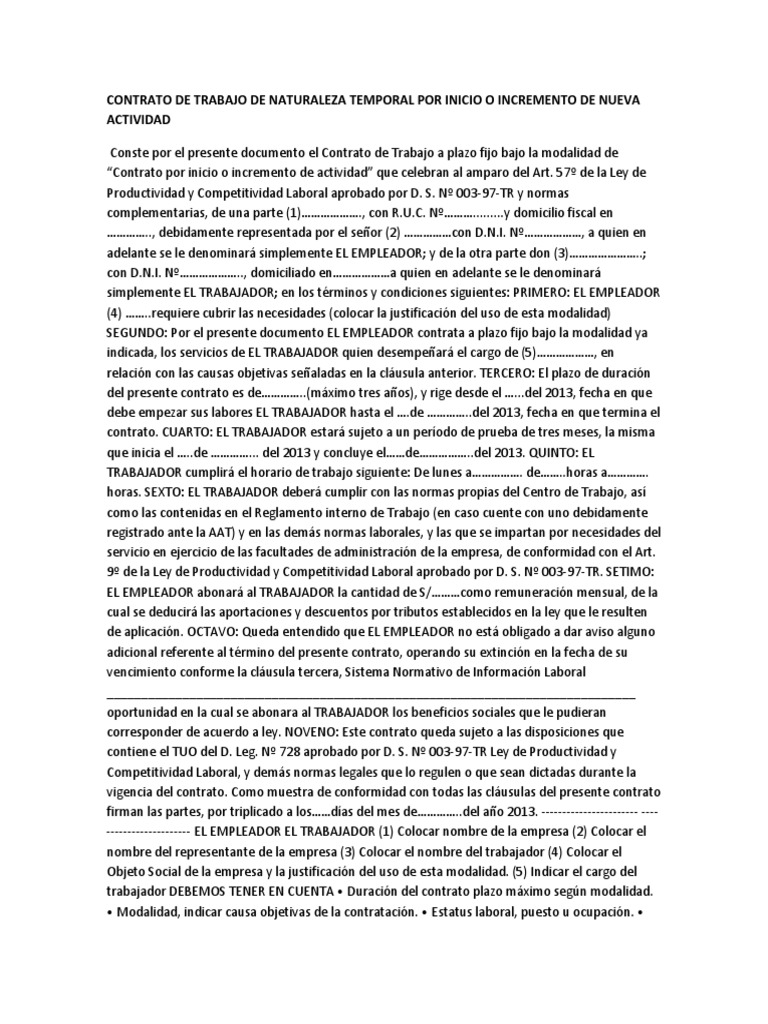 Contrato de Trabajo de Naturaleza Temporal Por Inicio o Incremento de Nueva Actividad | PDF ...