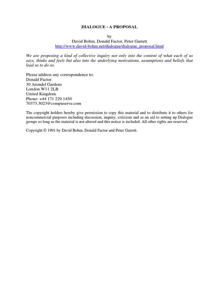 Dialogue by David Bohm | PDF | Dialogue | Thought