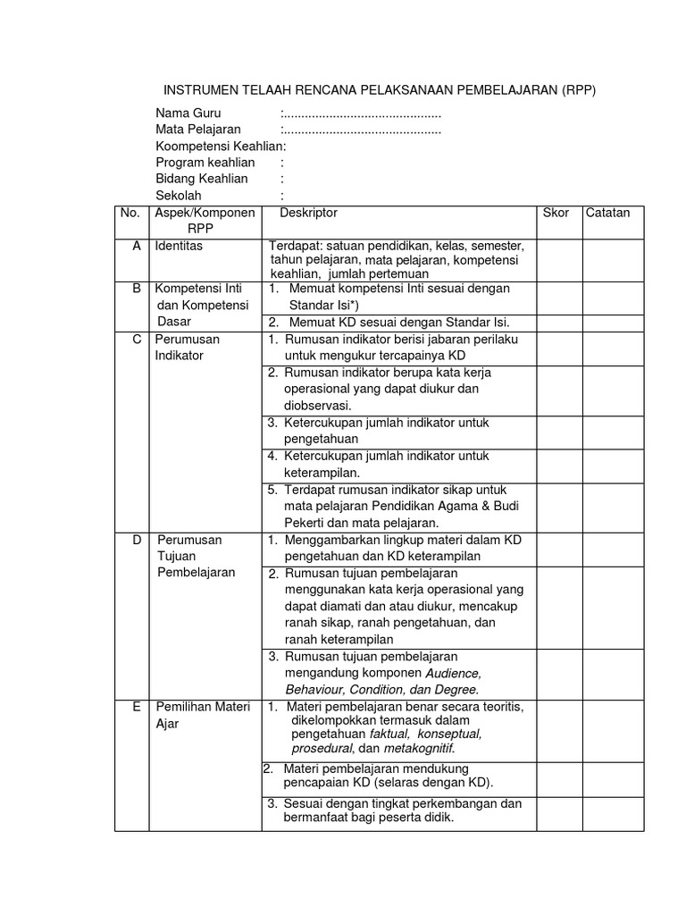 Instrumen Telaah RPP | PDF | Karier & Perkembangan