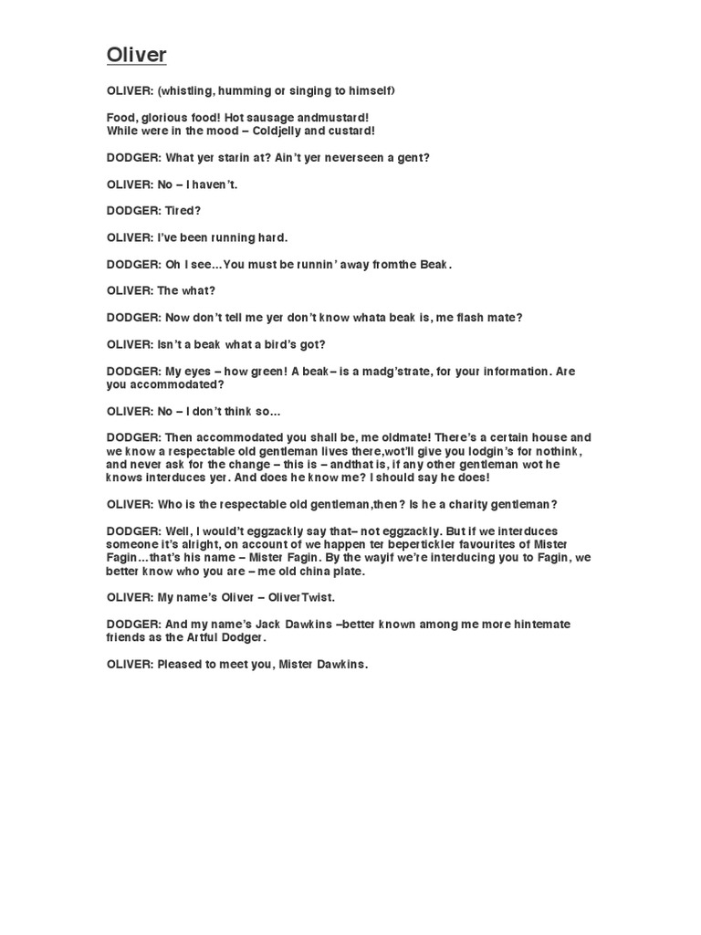 Oliver Audition Dialogue | Download Free PDF | Nancy (Oliver Twist) | Fagin