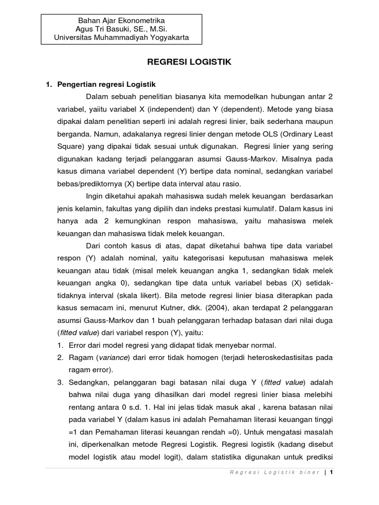 Regresi Logistik Biner | PDF | Pengelolaan Keuangan & Uang | Metode ...