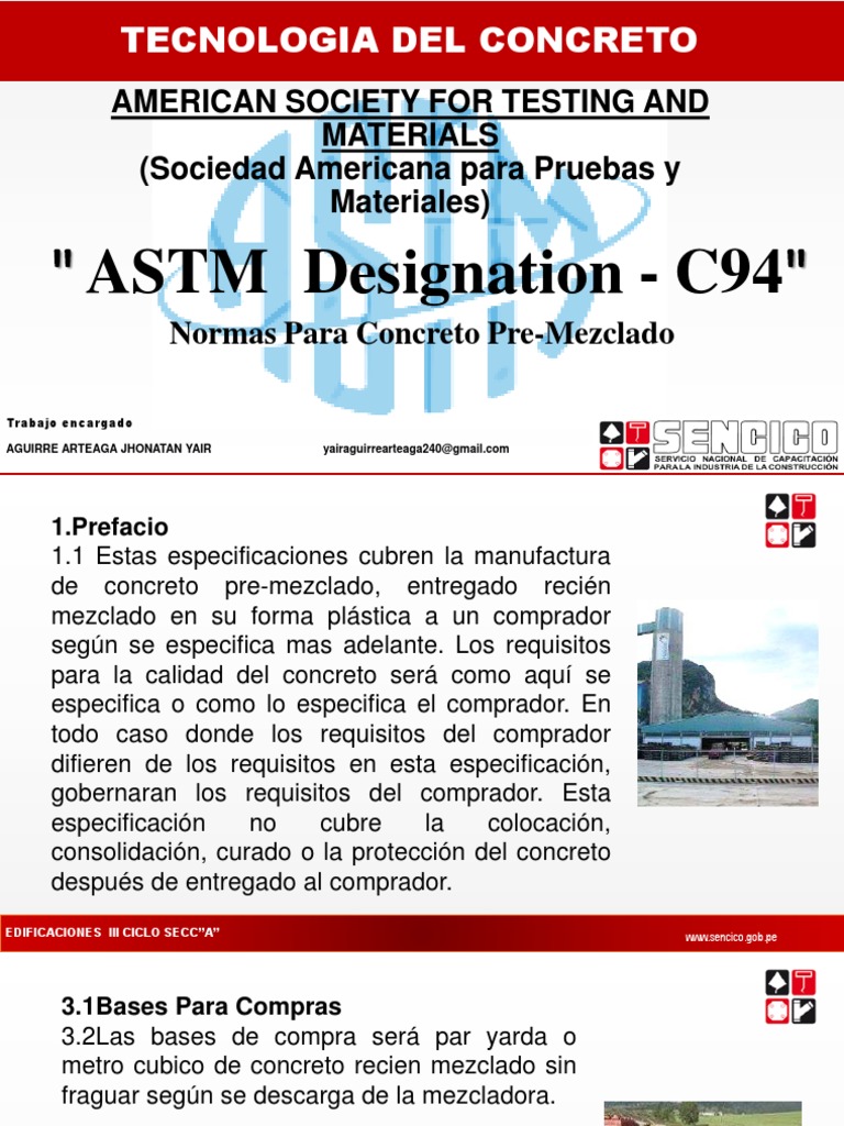 Aguirre Arteaga - Astm C-94 | PDF | Hormigón | Cemento Aguirre Arteaga - Astm C-94 | PDF | Hormigón | Cemento