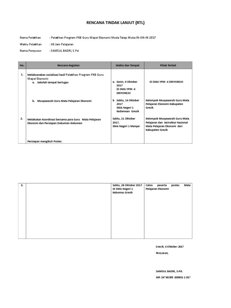 Contoh Rencana Tindak Lanjut