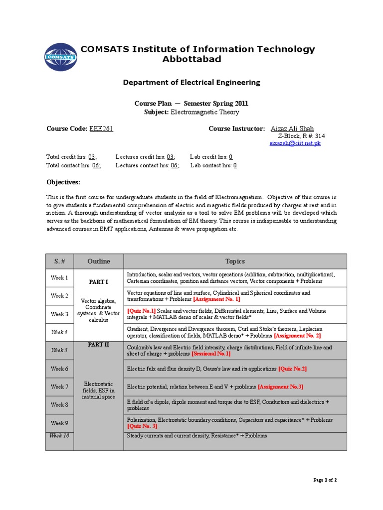 1 - EMT Course Outline | PDF | Magnetic Field | Maxwell's Equations