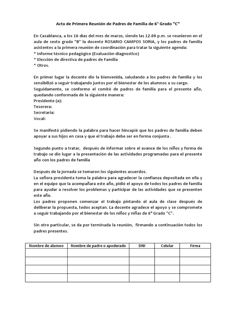 Acta de Primera Reunión de Padres de Familia de 6 | PDF