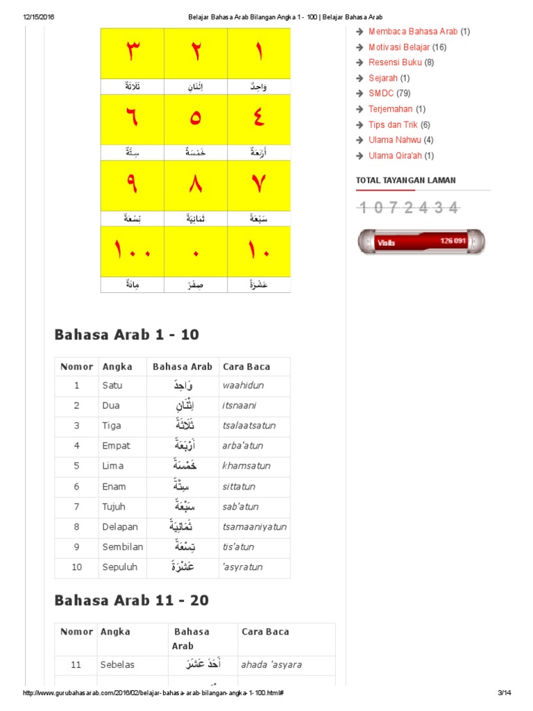 Belajar Bahasa Arab Bilangan Angka 1 - 100 | PDF