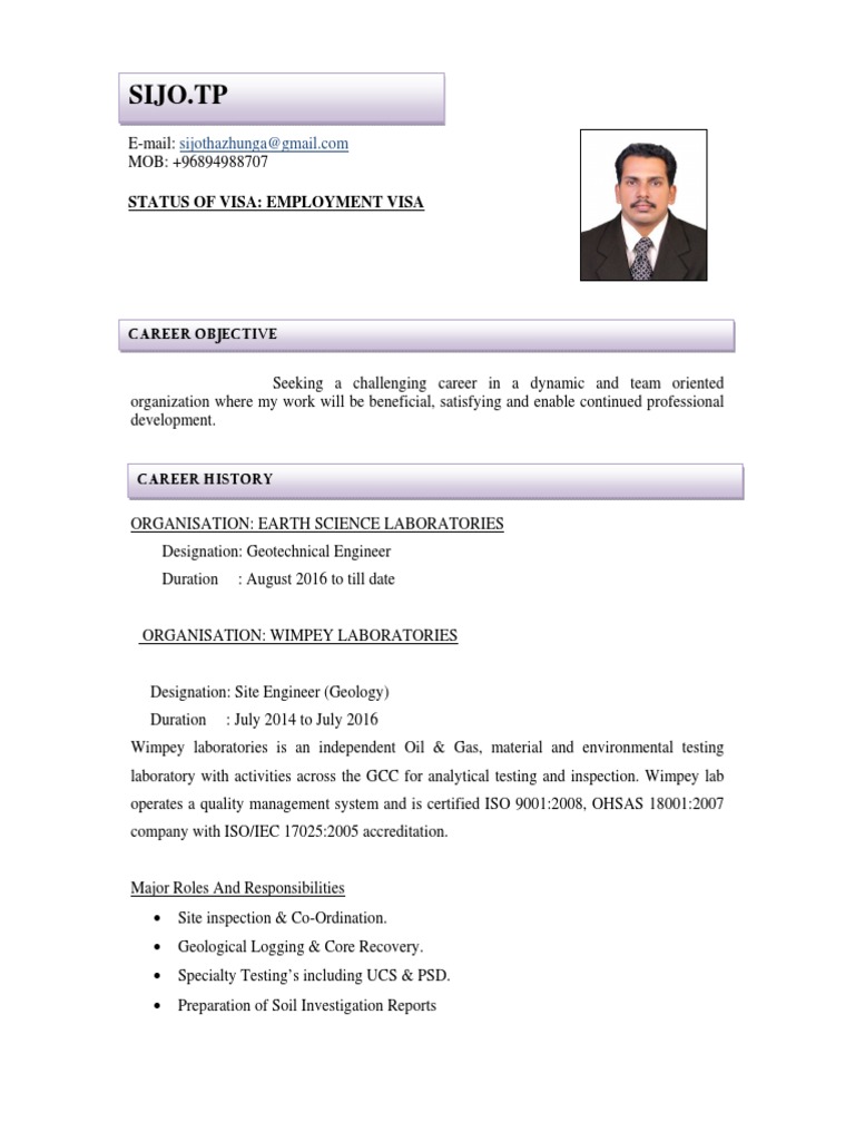 Geotechnical Engineer CV 3+ Years Experience - 1 | PDF | Tamil Nadu ...