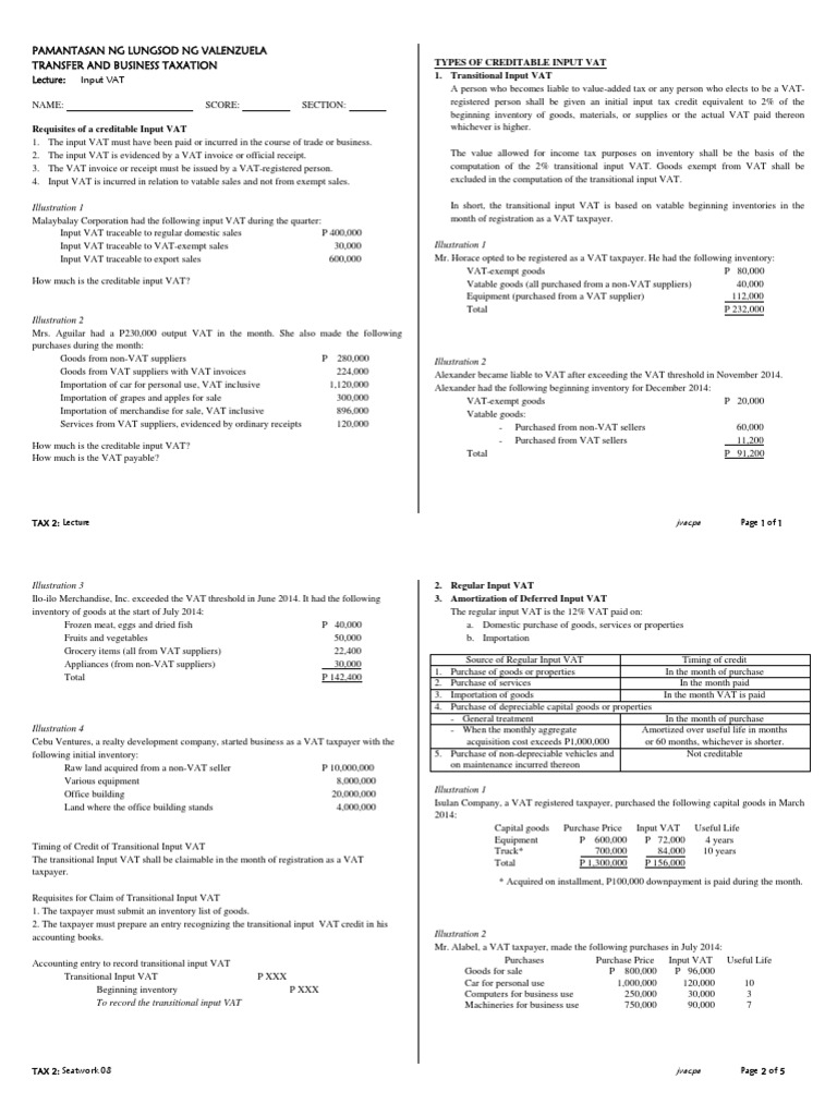 TAX02 Lecture Input Tax | PDF | Value Added Tax | Taxpayer
