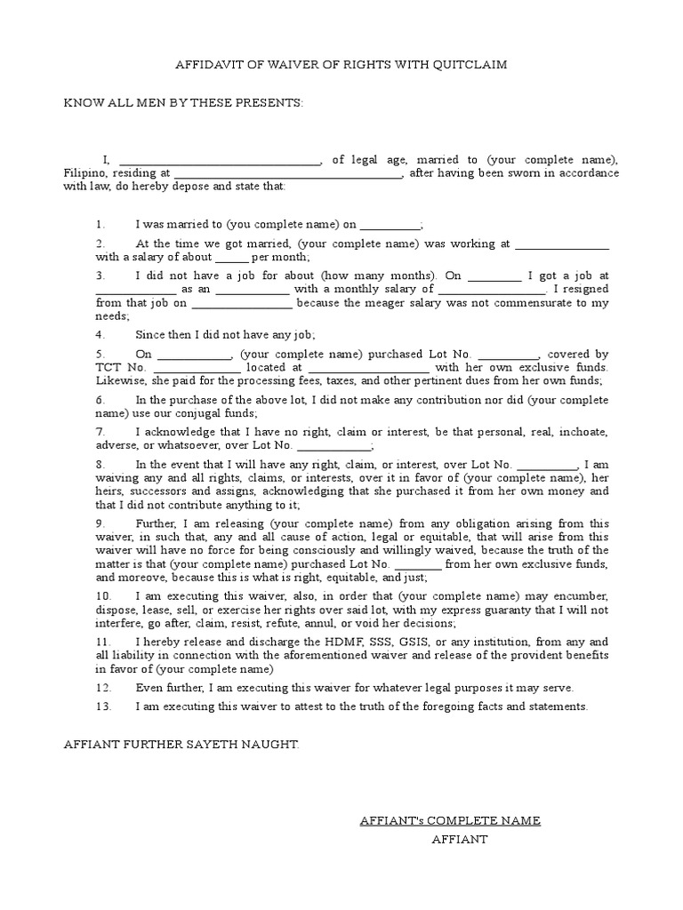 Sample Affidavit of Waiver of Rights With Quitclaim | PDF | Public Law | Civil Law (Common Law)