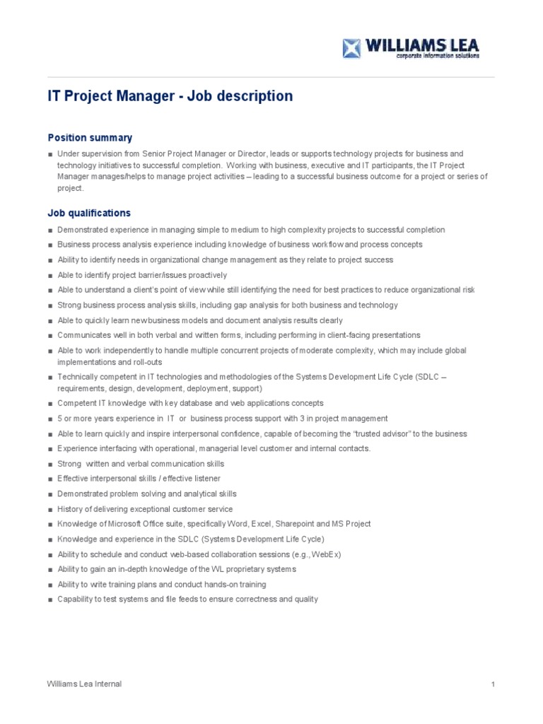 IT Project Manager - Job Description | PDF | Project Manager | Business ...