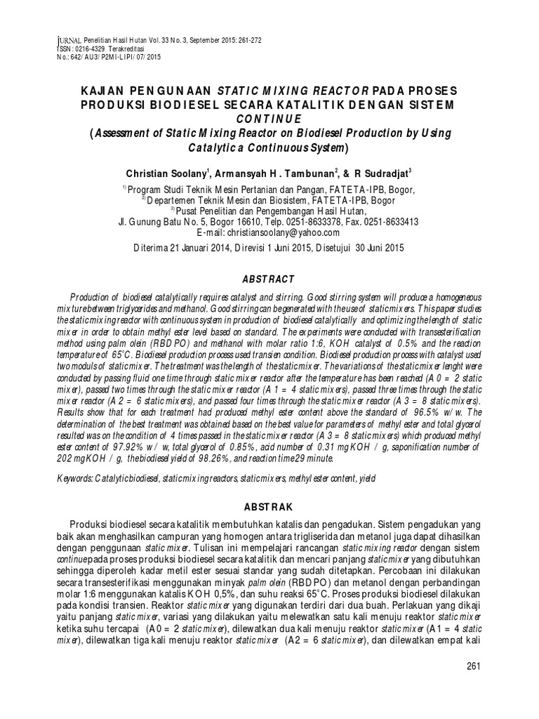 Catalytic Biodiesel Production with Static Mixing Reactor | PDF ...