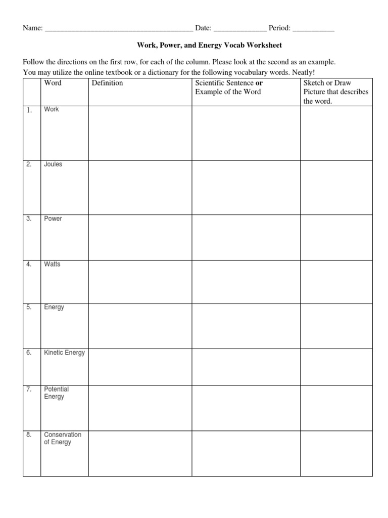 Work Power Energy Vocab Sheet | PDF