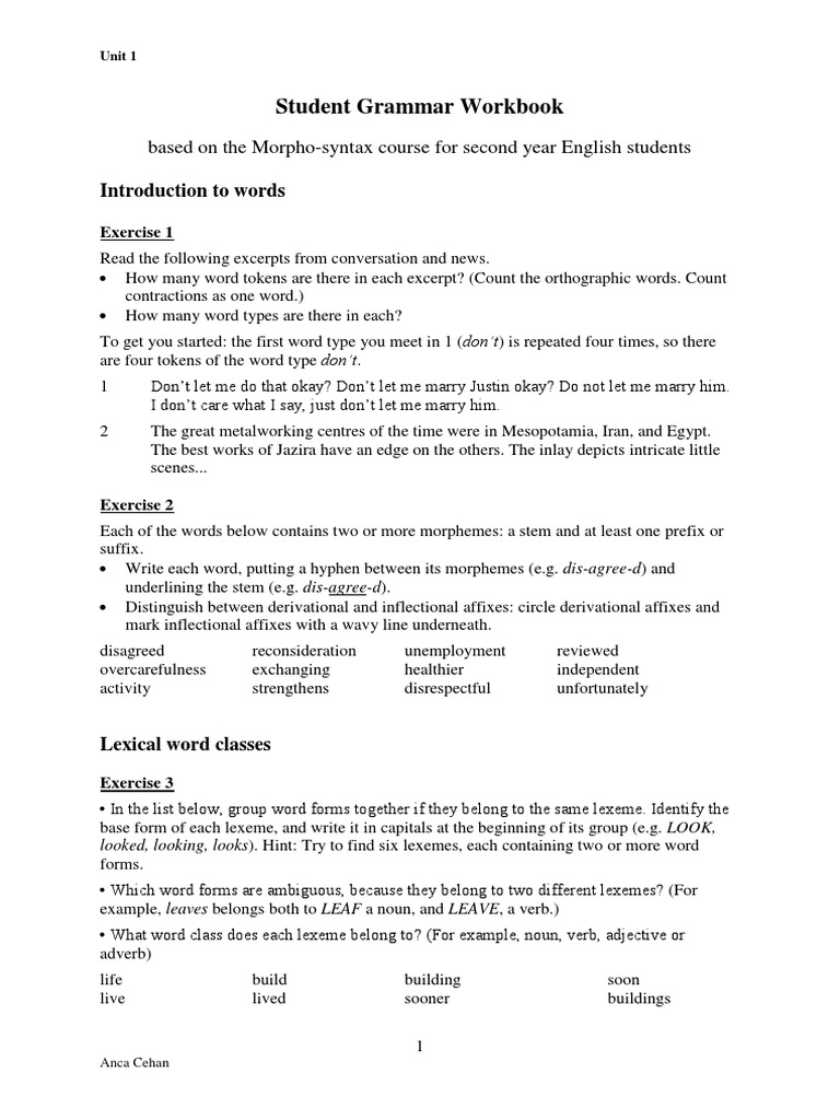 Grammar Workbook for Students | PDF | Morphology (Linguistics) | Word
