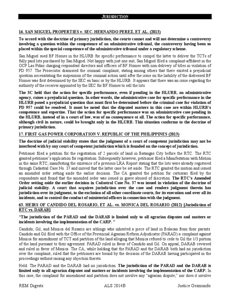 Remedial Law Digests | PDF | Pleading | Jurisdiction