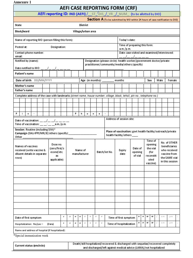 Aefi Case Reporting Form (Crf) | Medicine | Medical Specialties