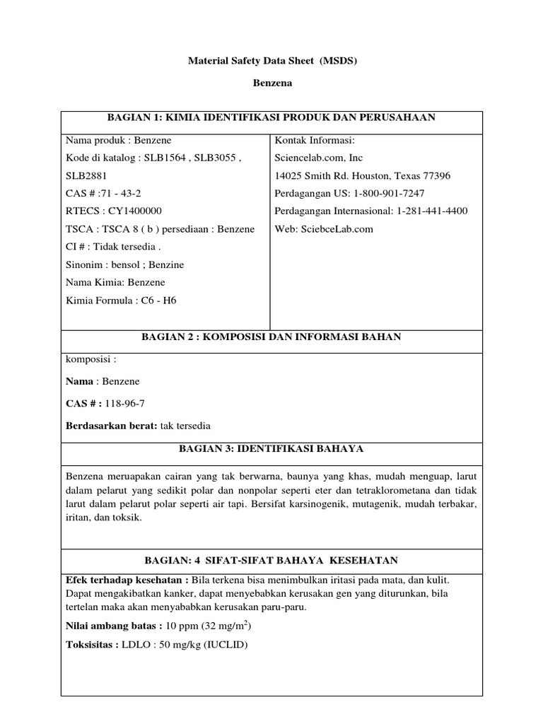 Bahan PPT MSDS Benzena | PDF