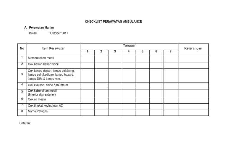 Checklist Perawatan Ambulance Harian | PDF