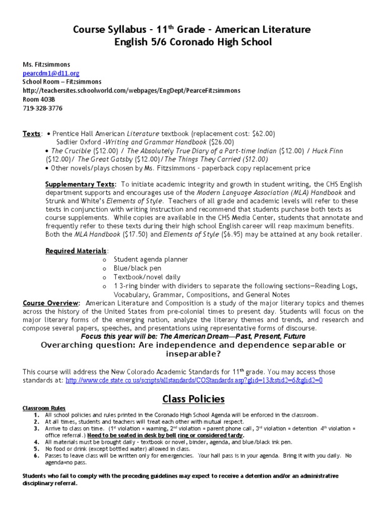 11th Grade American Literature Syllabus | PDF | Homework | Schools