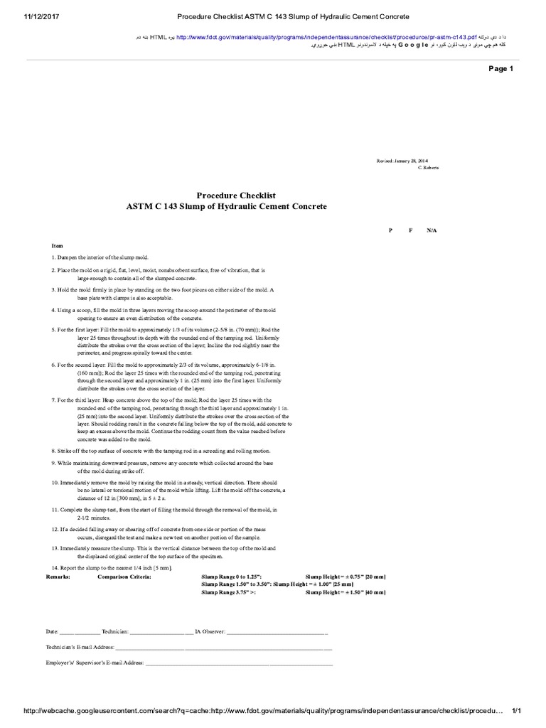 Procedure Checklist ASTM C 143 Slump of Hydraulic Cement Concrete | PDF ...