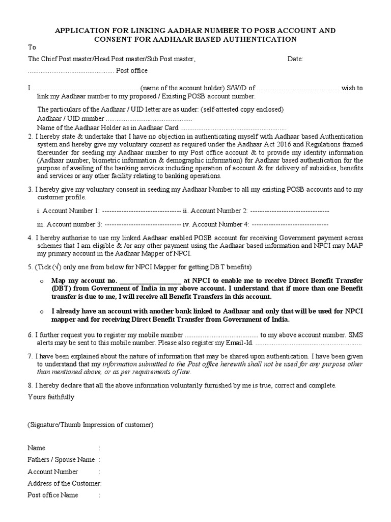 Aadhhar Linking Form Post Office | PDF | Government Information ...