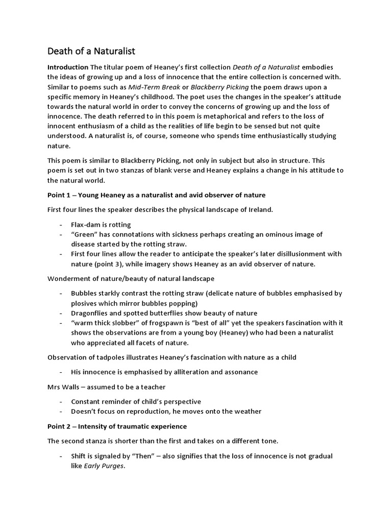 Analysis of Heaney's "Death of a Naturalist" | PDF | Art | Poetry