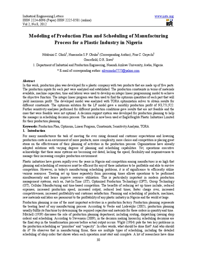 Modeling of Production Plan and Scheduling of Manufacturing Process For A Plastic Industry in ...