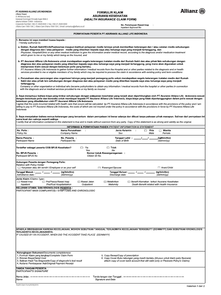 Form Klaim Asuransi Kesehatan Website | PDF