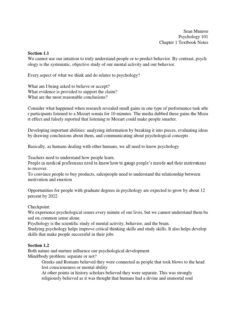 Psychology 101 Chapter 1 Textbook Notes | PDF | Psychology | Mind
