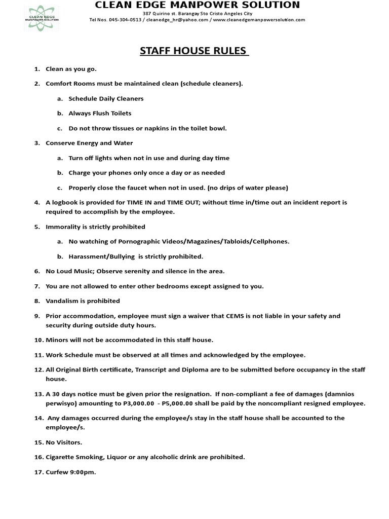 Staff House Rules: 387 Quirino St. Barangay Sto Cristo Angeles City ...
