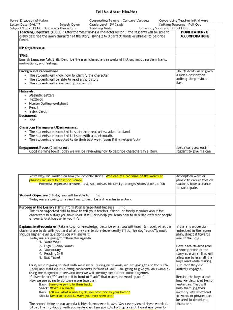 Describing A Character Lesson Plan | PDF | Lesson Plan | Vocabulary